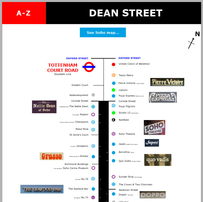 Map of shops and restaurants on London's Dean Street